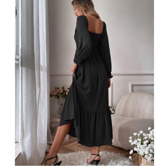 Dresses | Boho Puff Sleeve Ruffle Maxi Dress Black | Poshmark